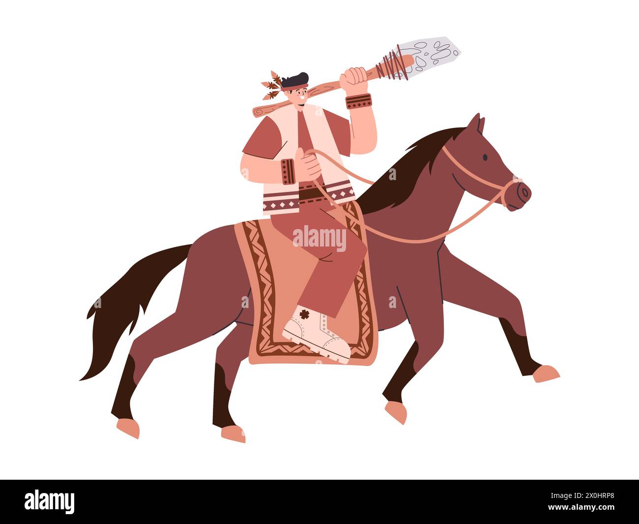 Native American tribe holding ancient prehistoric weapon and riding ...