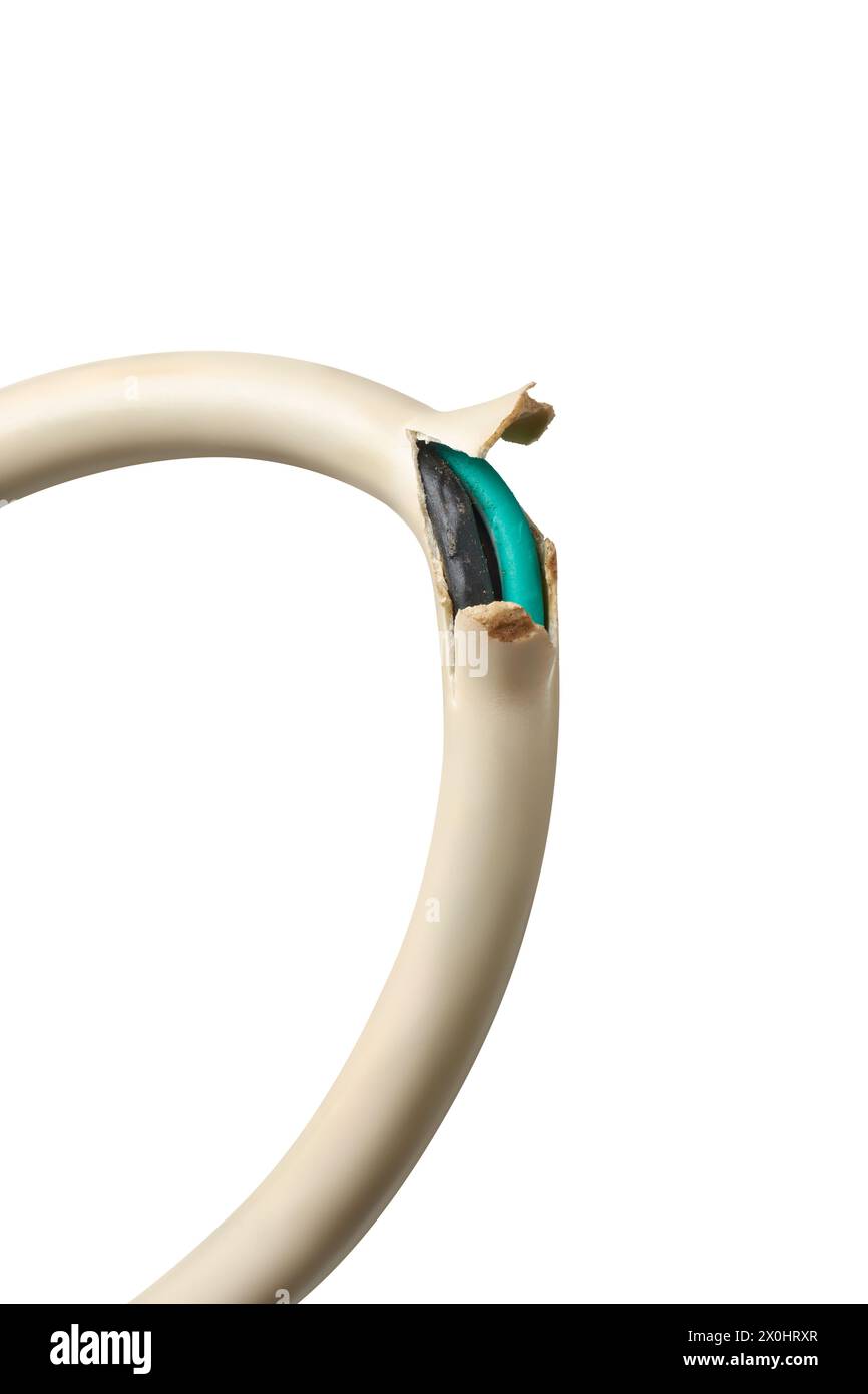 close-up of damaged electric wire cord isolated white background,broken ...