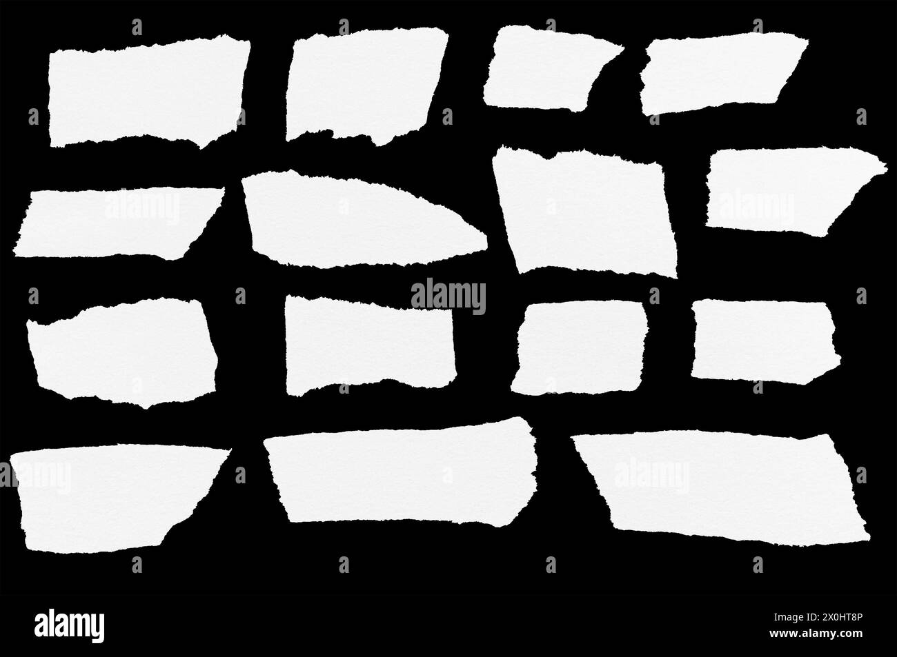 Array of various torn paper scraps with rough edges isolated on a clean ...