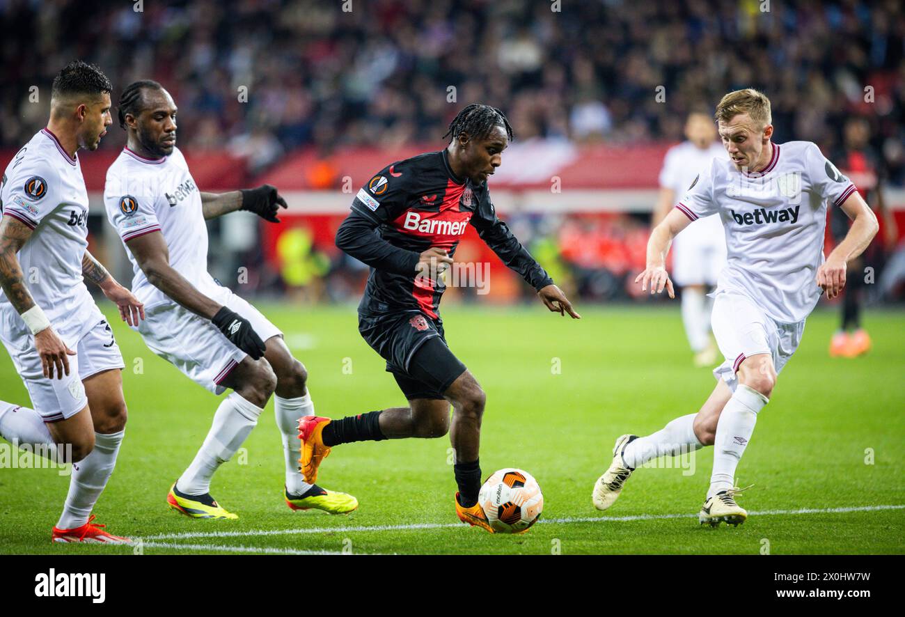 Leverkusen Germany. 11th Apr 2024. Jeremie Frimpong (Leverkusen) James ...