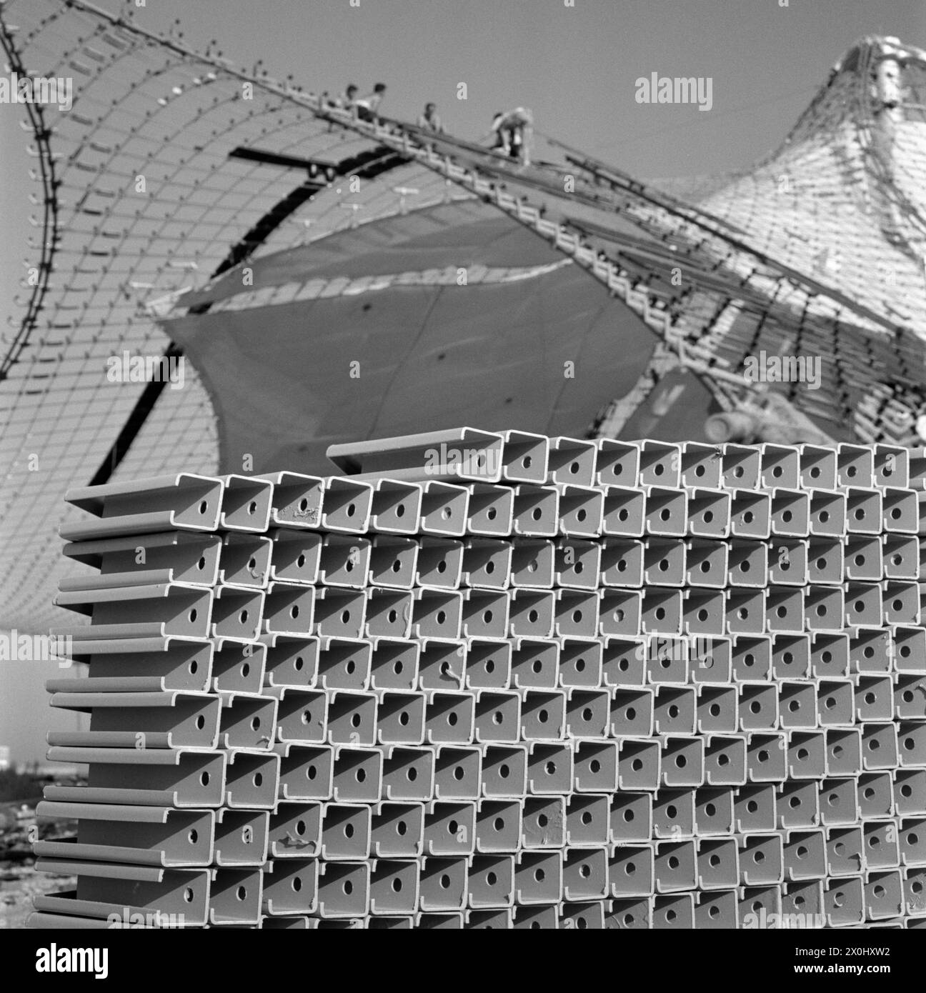 View of the construction of the tent roof of the Munich Olympic Stadium ...