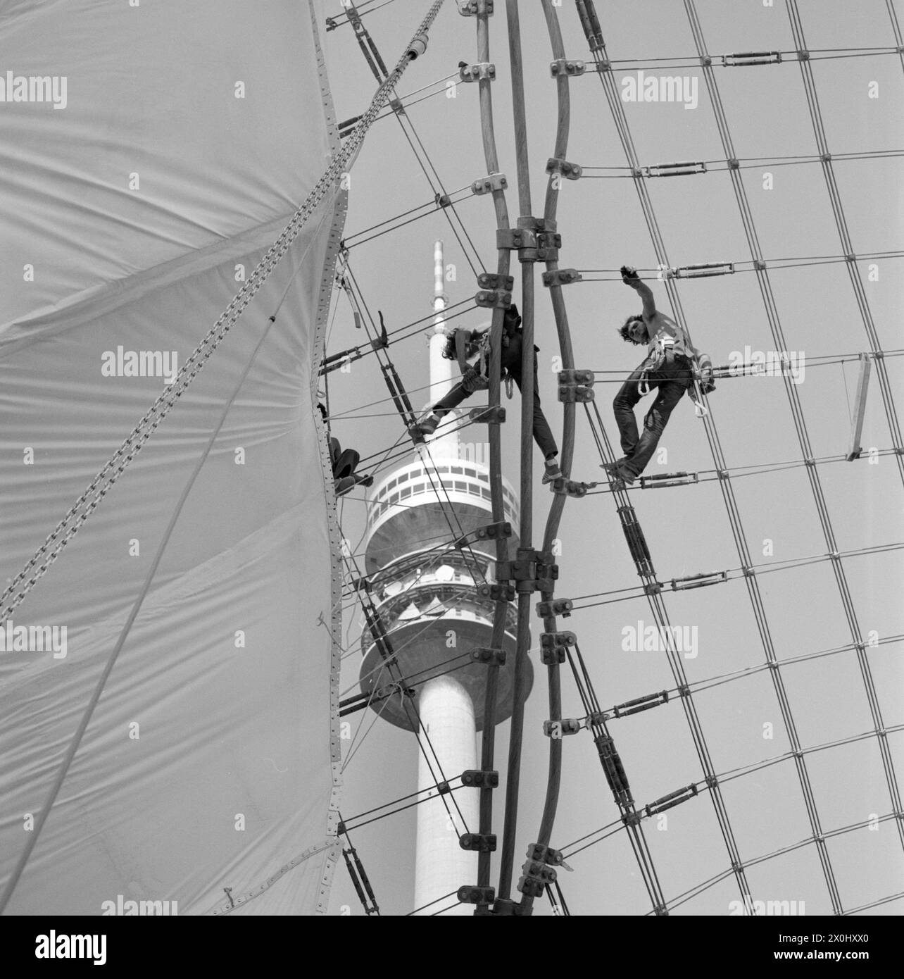 View of the construction of the tent roof of the Munich Olympic Stadium ...