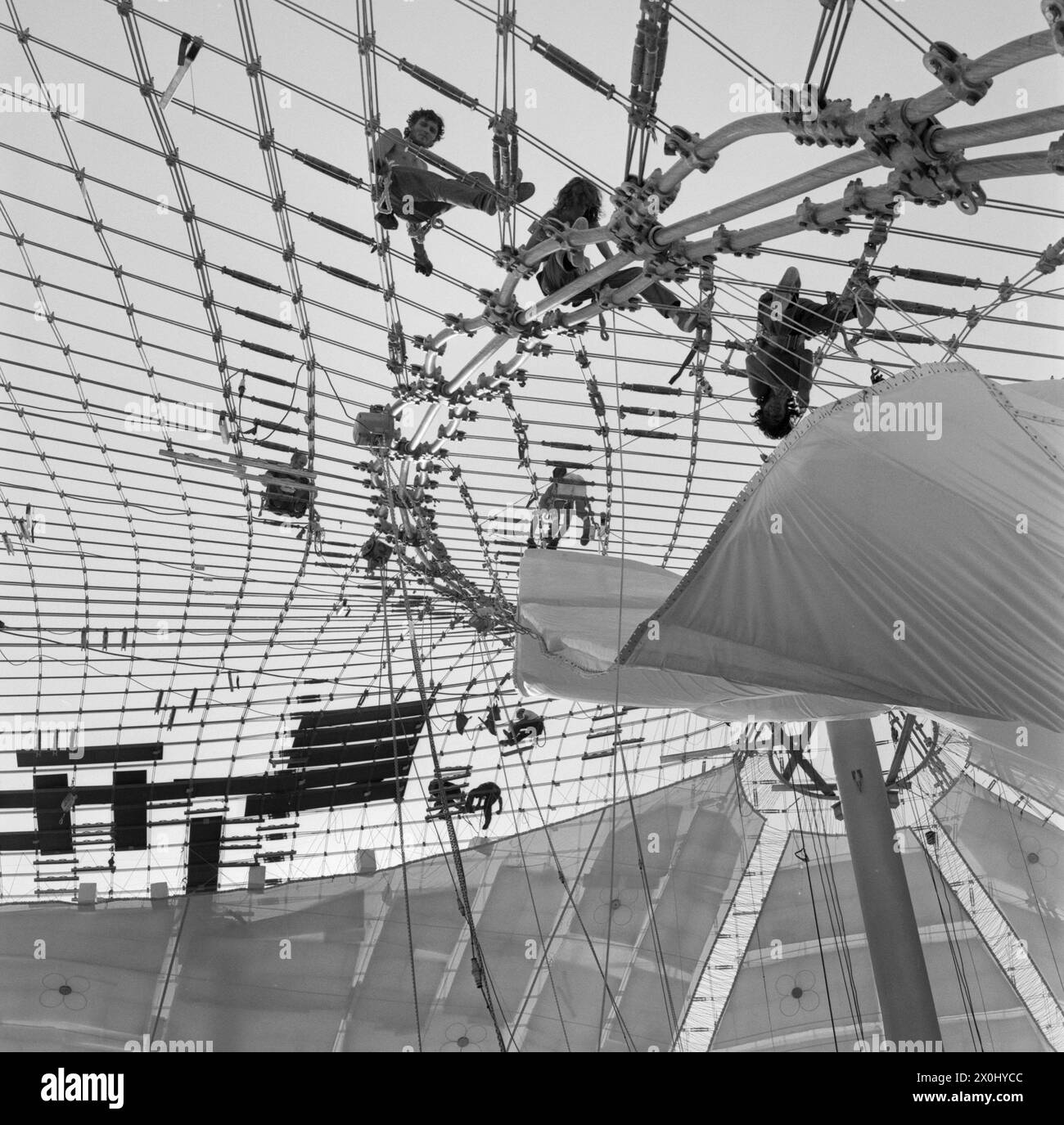 View of the construction of the tent roof of the Munich Olympic Stadium ...