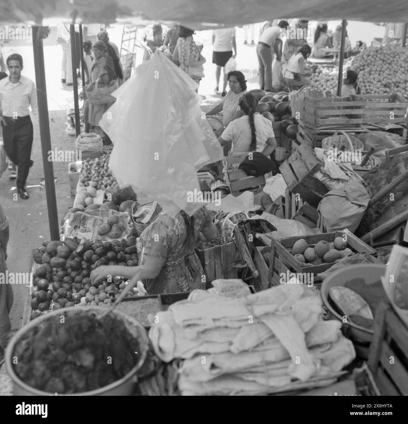 View of a market stall in Cuernavaca in Mexico. On the stand fruits and ...
