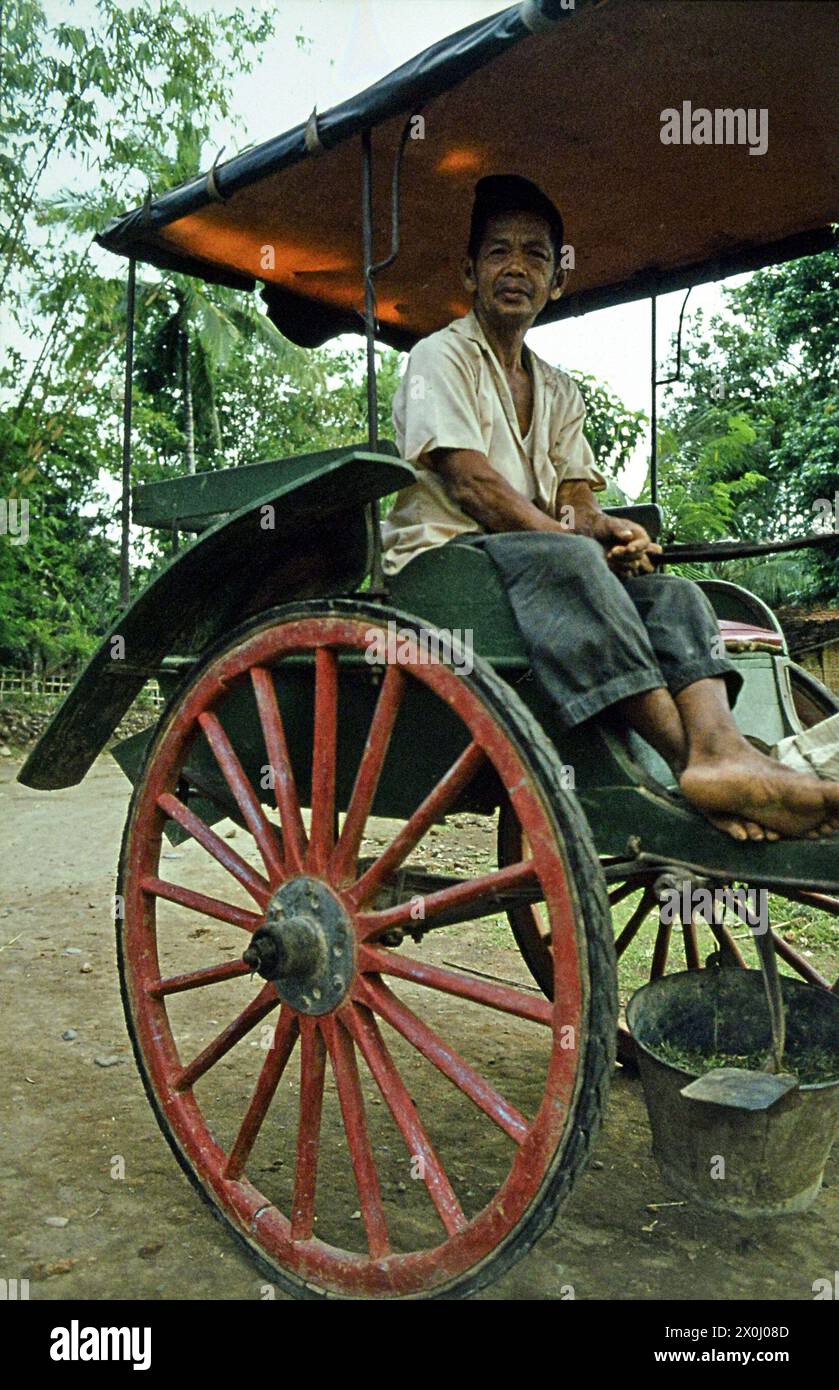 In front of the Borobudur temple a coachman sits in his carriage and ...
