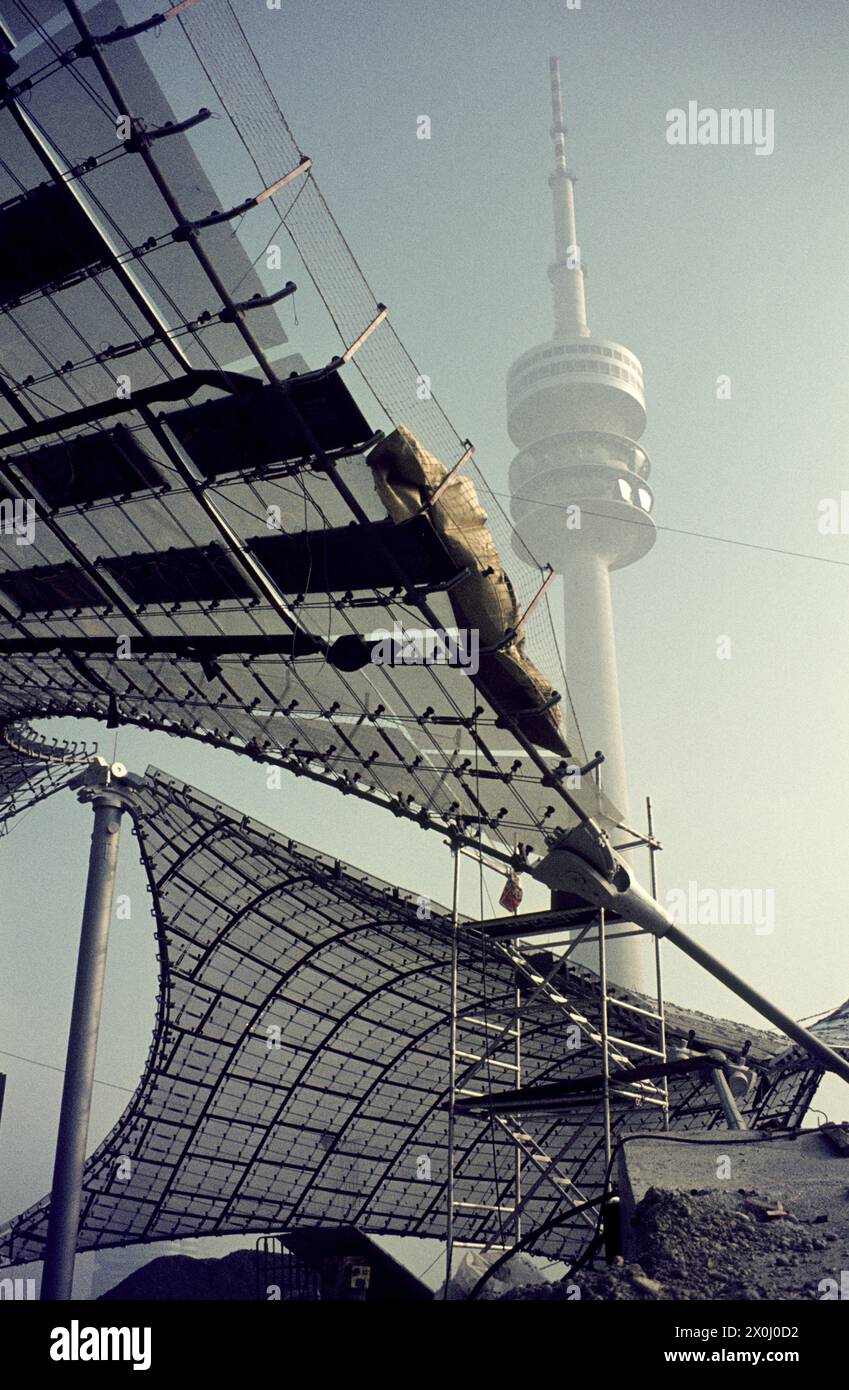The Olympic roof with the television tower during the construction ...