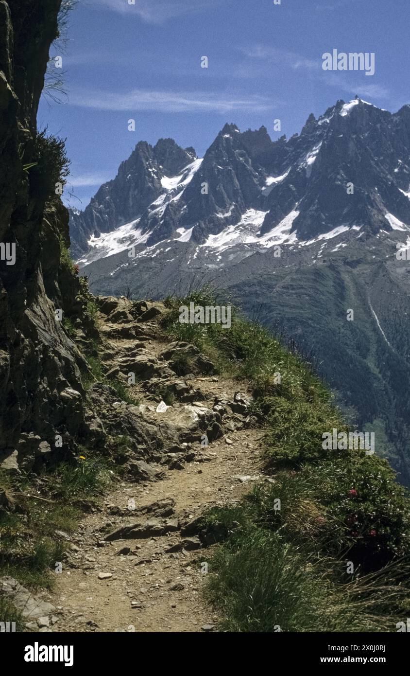 GR 5 hiking trail with the mountains of the Mont Blanc massif on the ...