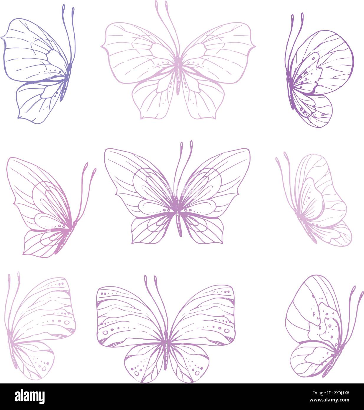 Butterflies are pink, blue, lilac, flying, delicate line art, clip art ...
