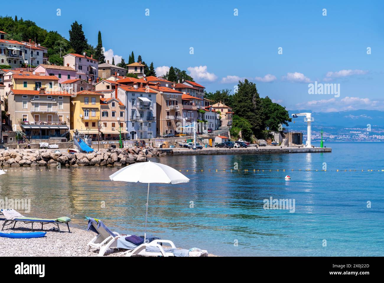 Beach with city view in Mošćenička Draga on the Adriatic coast, Kvarner ...