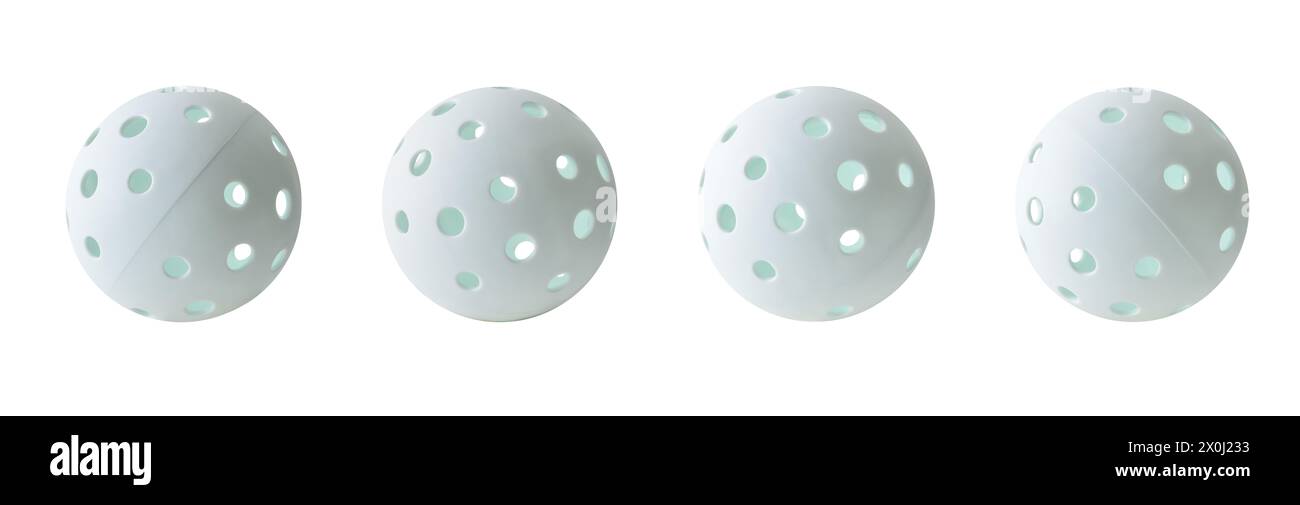Collection of four views of white pickleball balls cut out on white ...