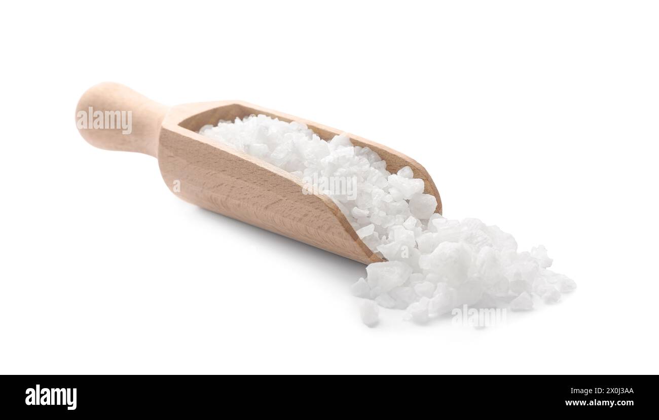 Natural salt in wooden scoop isolated on white Stock Photo - Alamy