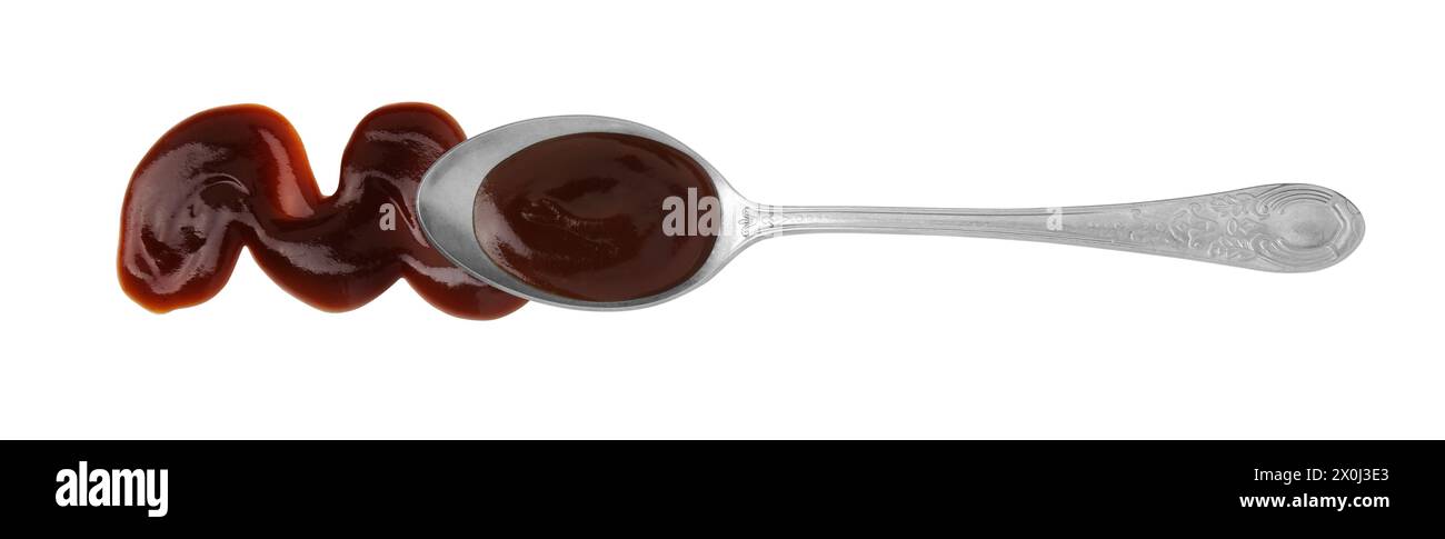 Tasty barbecue sauce and spoon isolated on white, top view Stock Photo ...