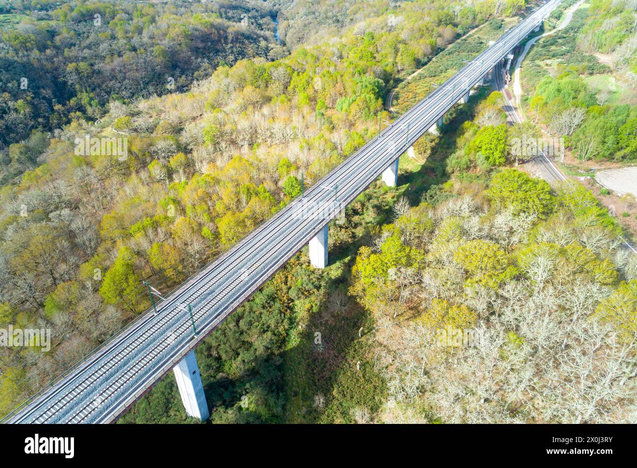 aerial view from a drone of a high-speed railway viaduct in Galicia, Spain Stock Photo - Alamy