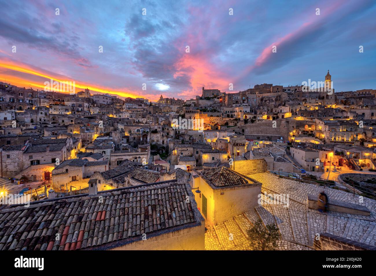 The historic old town of Matera in southern Italy after sunset Stock ...