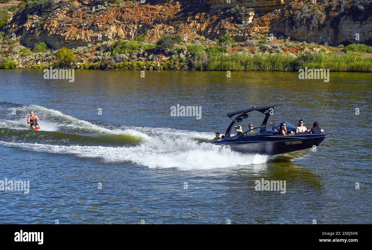 A general view of a speed boat and wake boarding. Australia’s longest ...