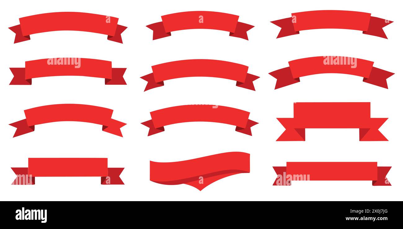 Excellent lovely ribbon, banner or tag vector art set. Flat red color ...