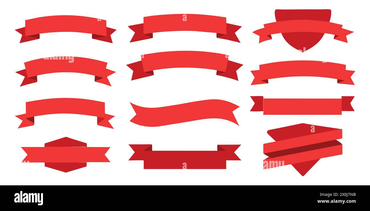 Pretty lovely ribbon, banner or tag vector logo art set. Flat red color ...