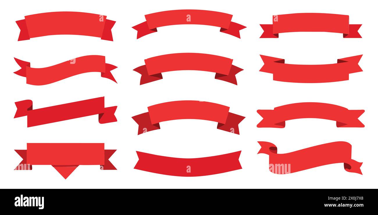 Fantastic lovely ribbon, banner or tag vector logo art set. Flat red ...