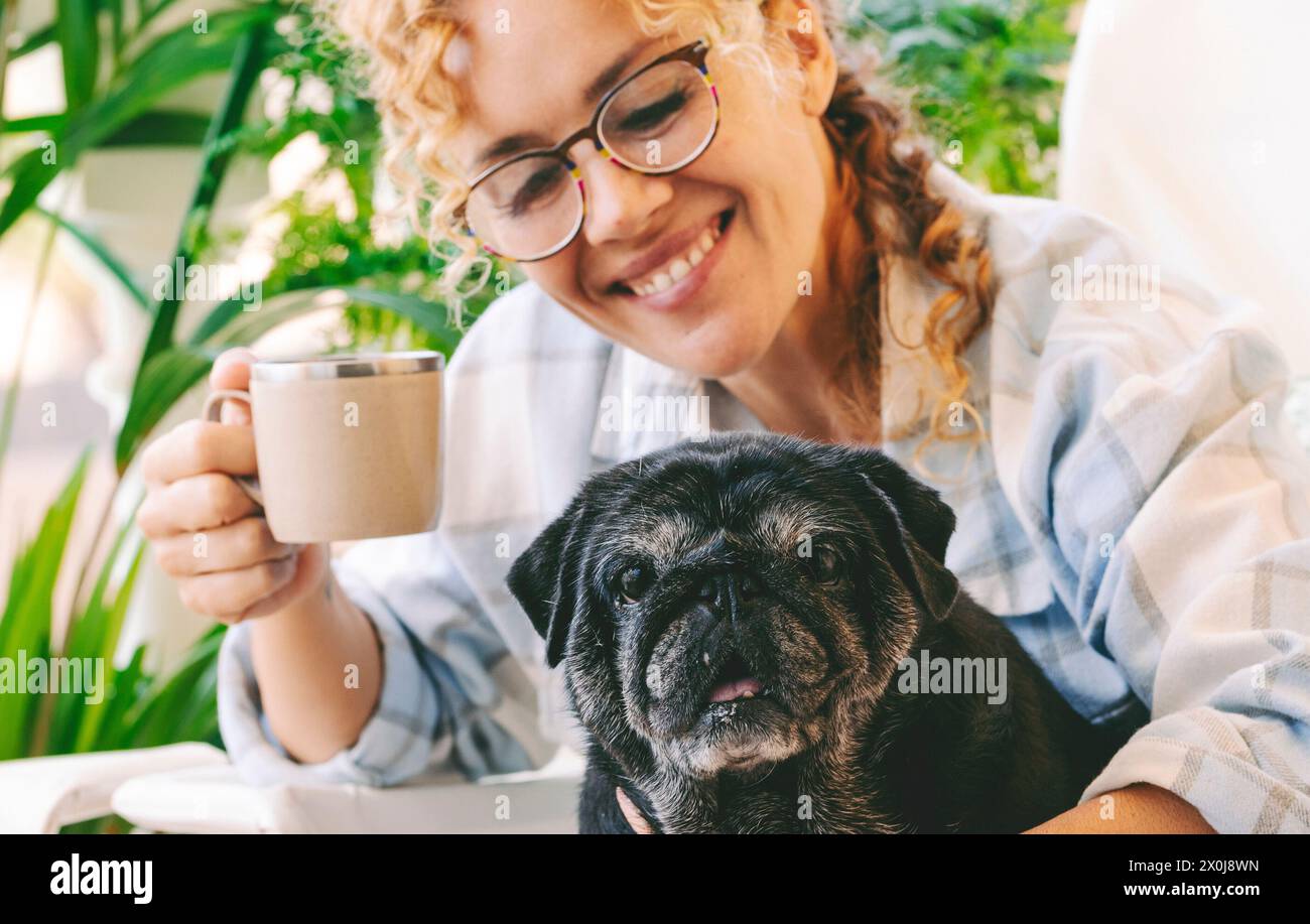 Love people and dog animal concept with happy adult caucasian woman and ...