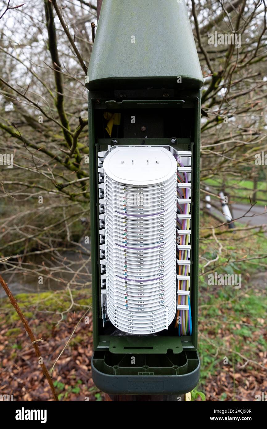 BT Open Reach green fibre broadband cabinet distribution box on a telegraph pole with cover off ...