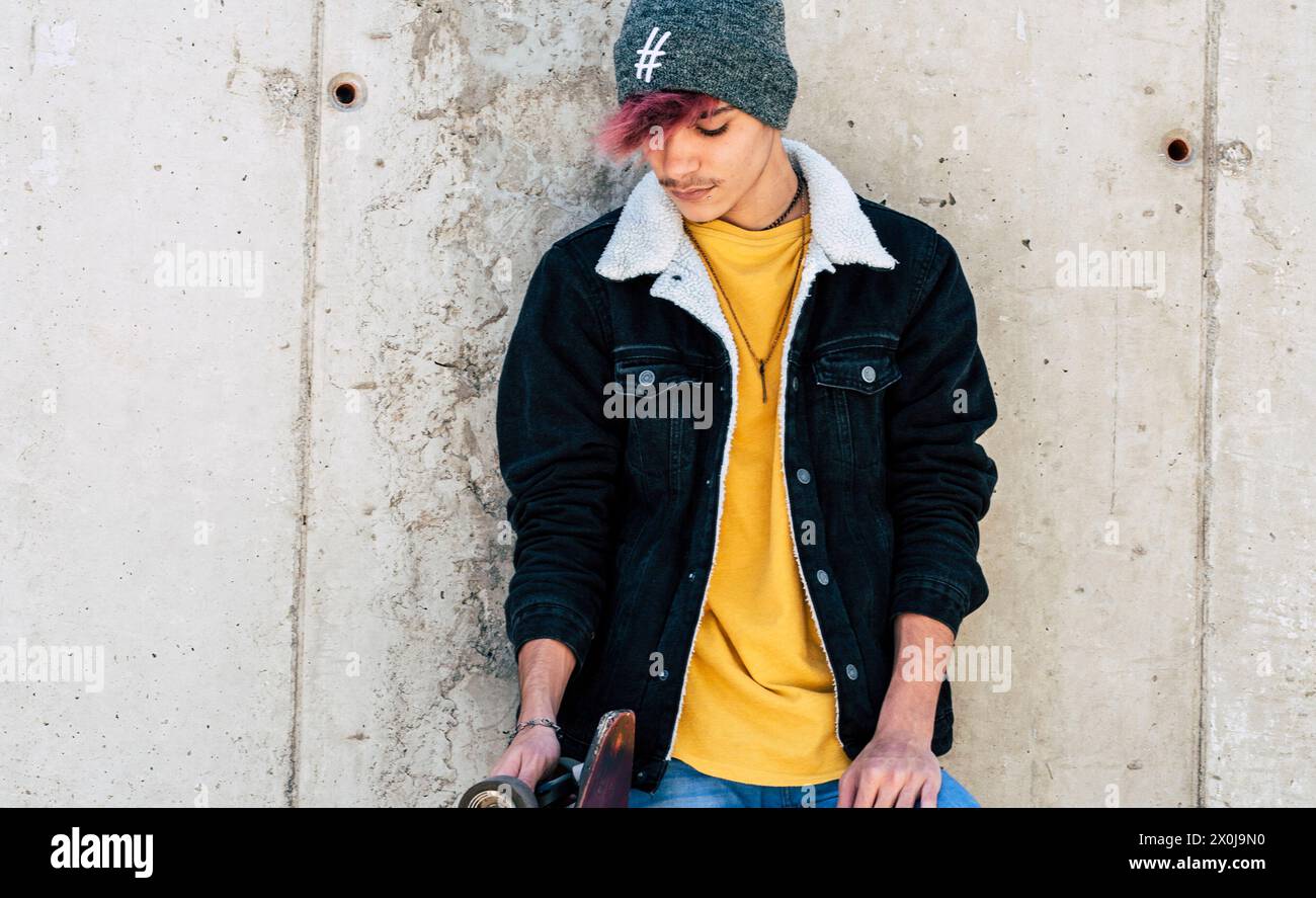 Standing young boy portrait with casual clothes trendy fashion style ...