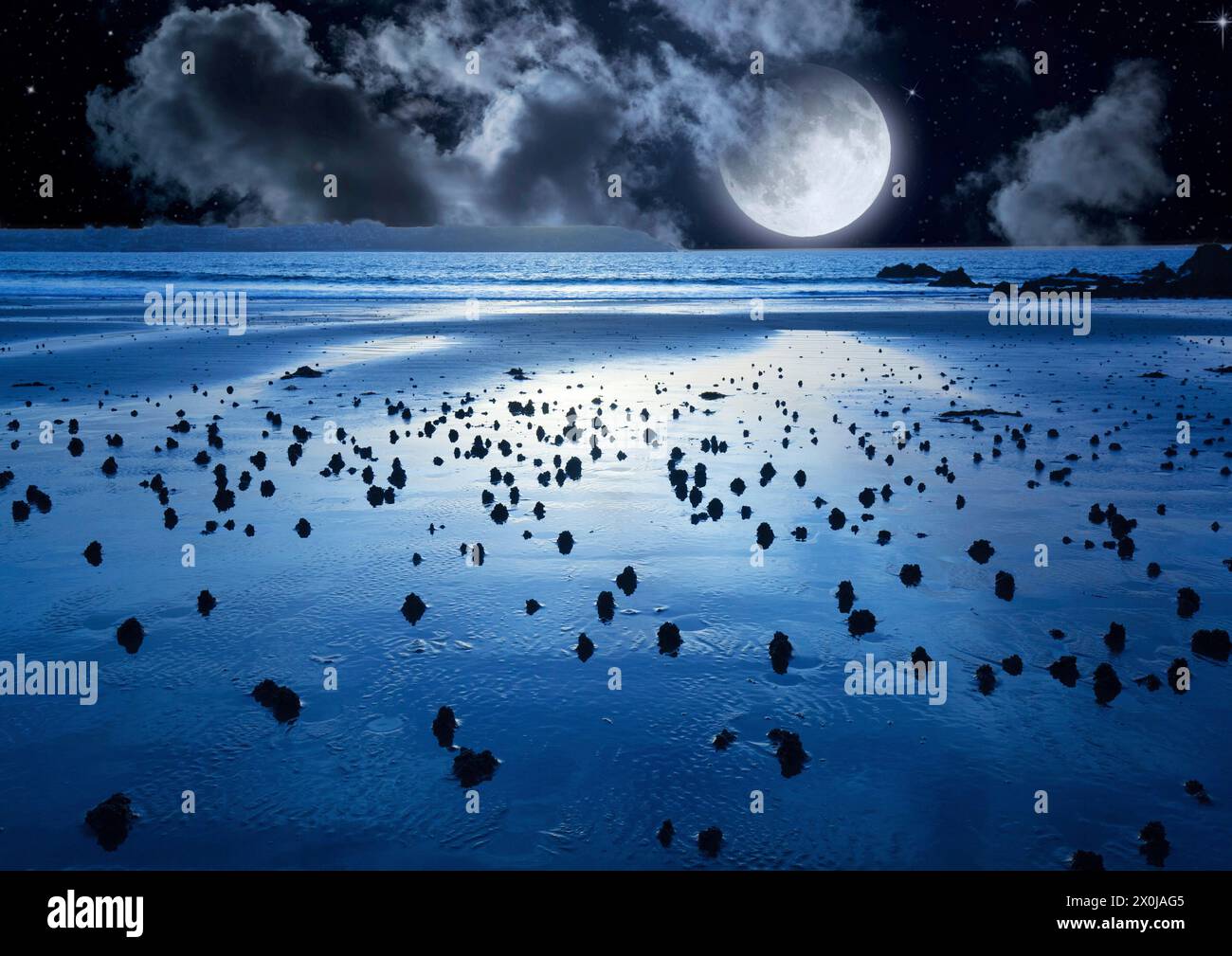 Full moon over a beach in the Finistere region, Brittany, France Stock ...