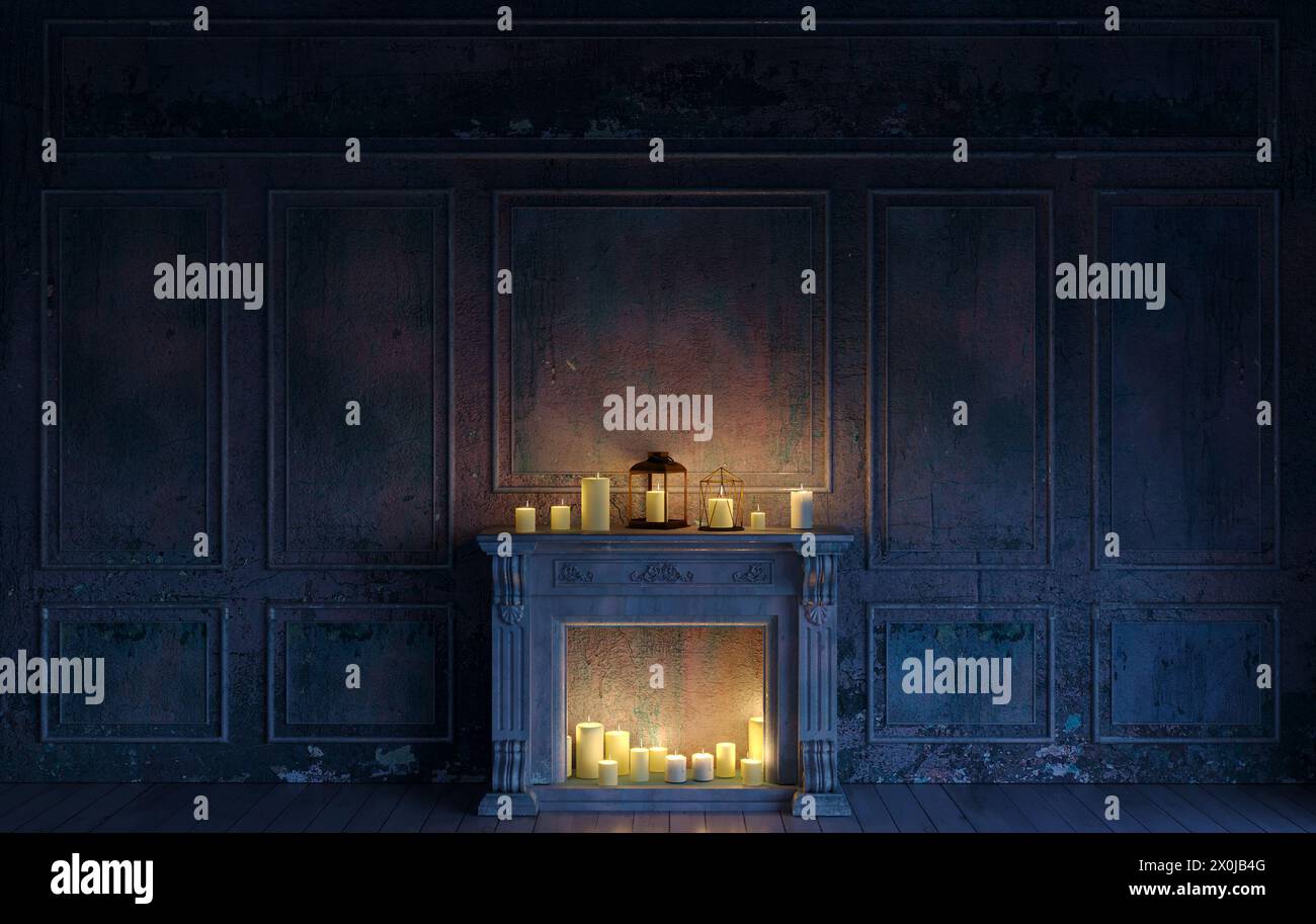 Fireplace and candles in an abandoned castle Stock Photo - Alamy
