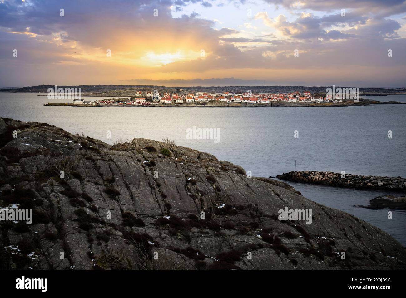 Landscape shot with a view of an island with typical Swedish houses ...