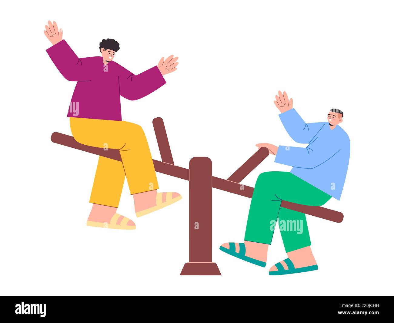 two young man smile expression playing seesaw fun enjoy leisure ...