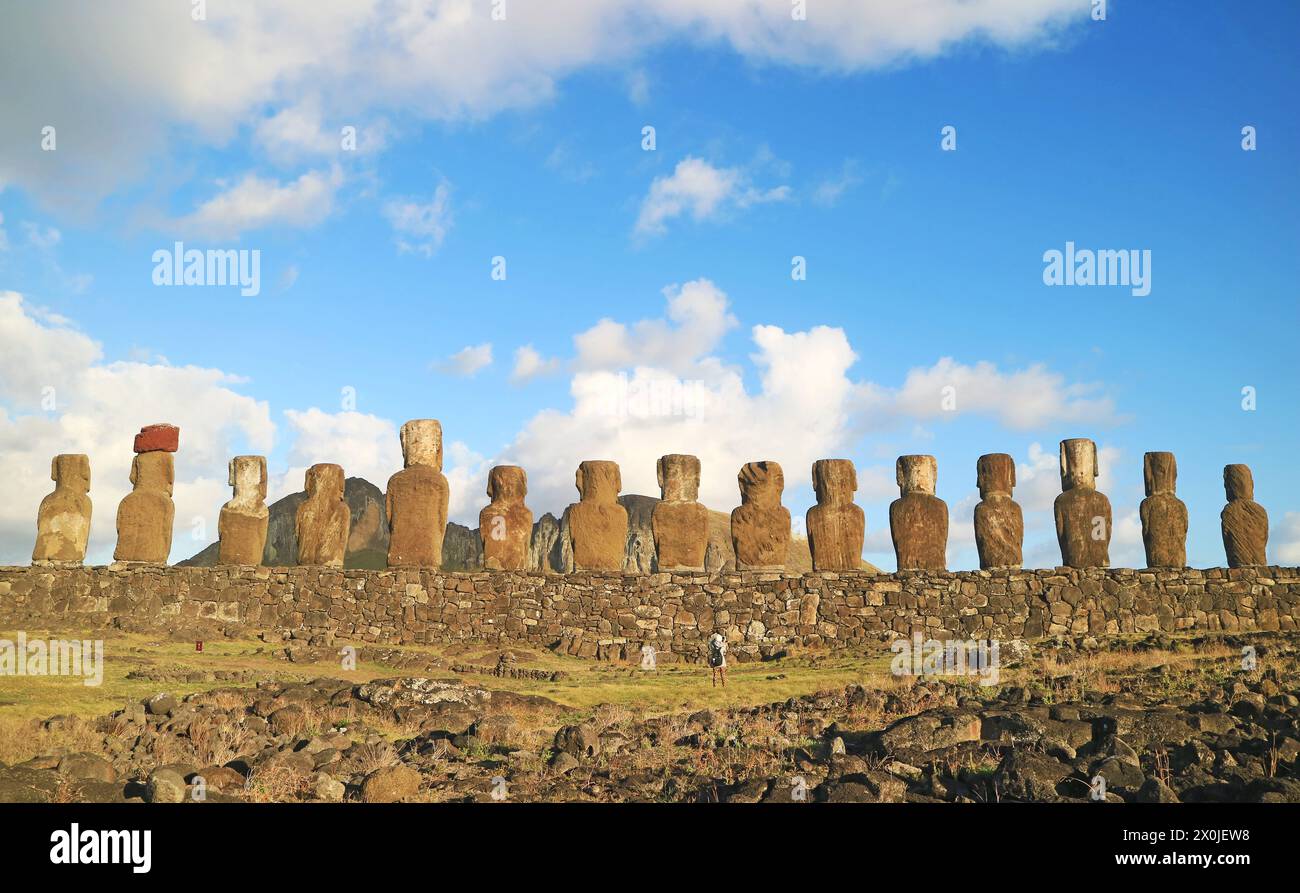 Back part of the iconic huge Moai statues at Ahu Tongariki ceremonial ...