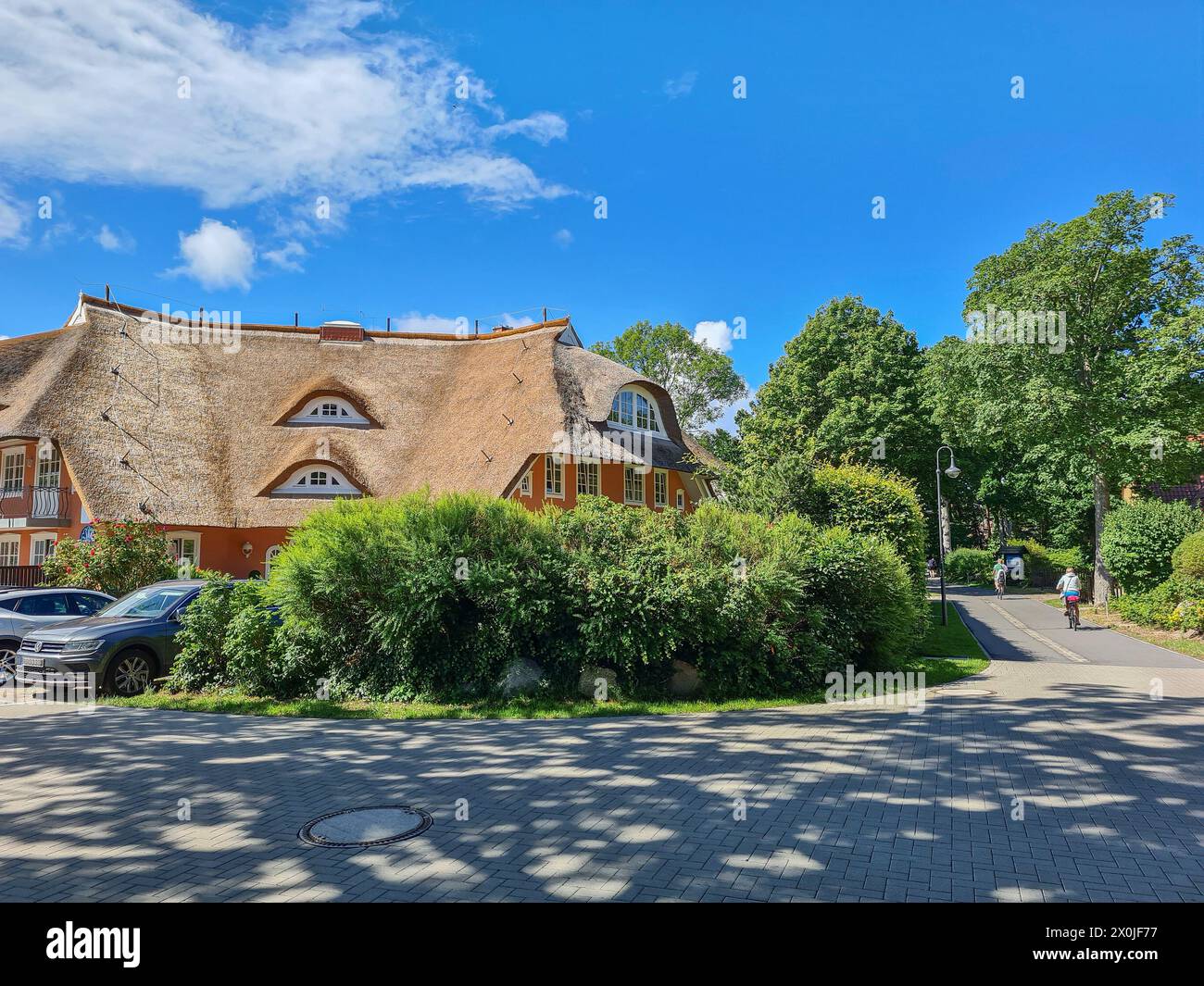 View from the street of a house with a thatched roof in Prerow ...