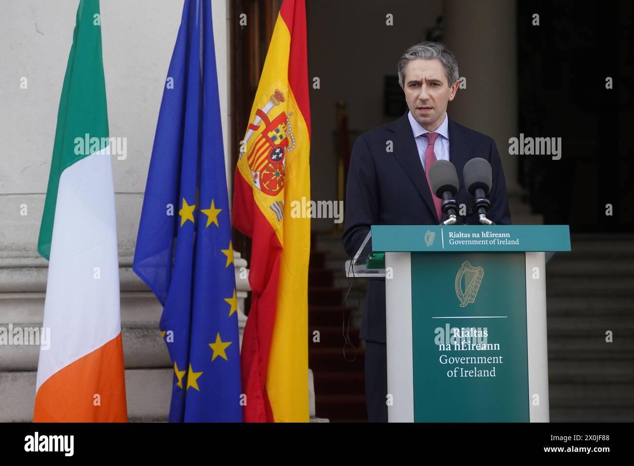 Taoiseach Simon Harris speaks to the media outside the Government ...