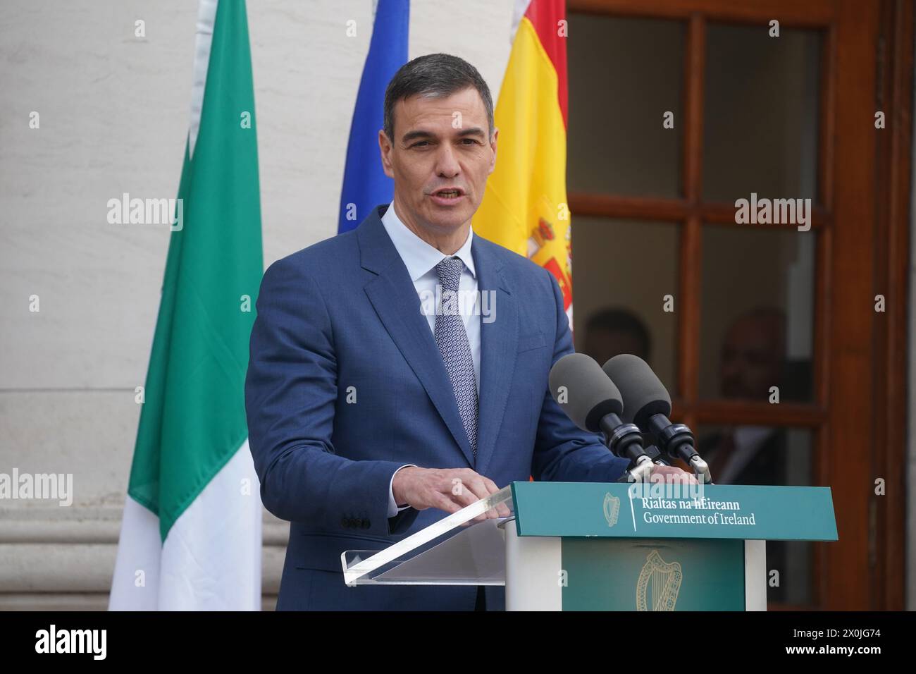 Spanish Prime Minister Pedro Sanchez speaks to the media outside the ...