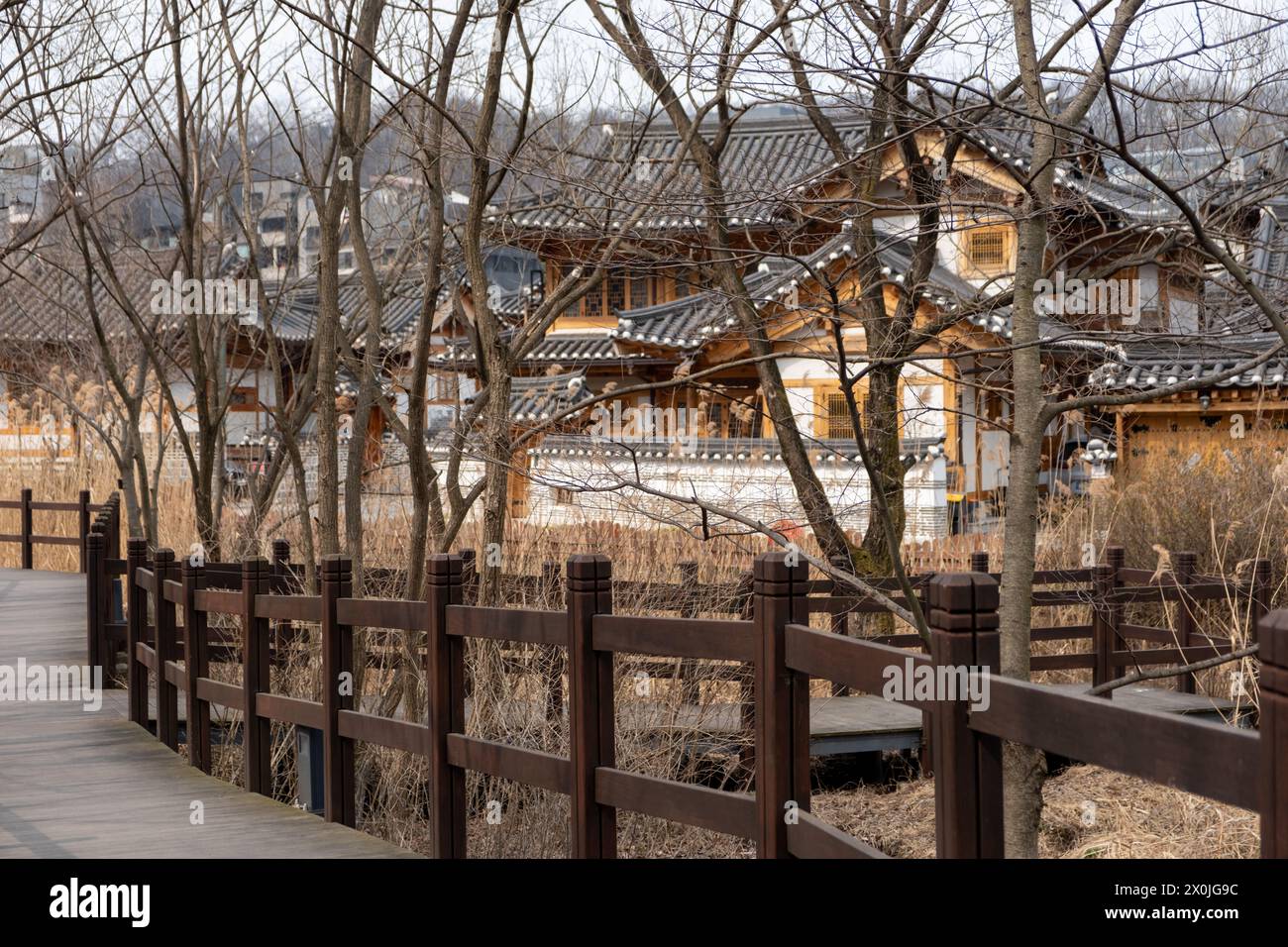 Wooden path in Eunpyeong Hanok Village, the largest neo-hanok ...