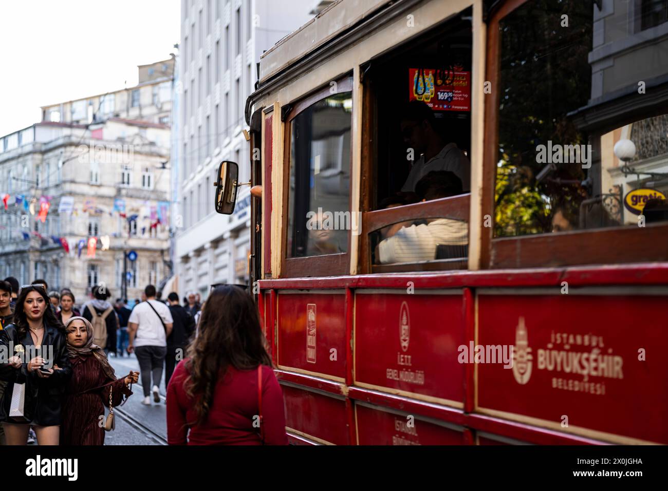 Historic streetcar, shopping street, Ä°stiklal, Istanbul Turkey, Europe ...