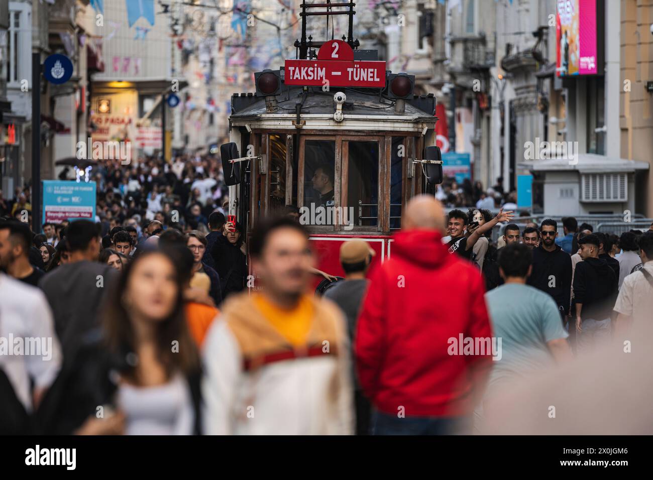 Historic streetcar, shopping street, Ä°stiklal, Istanbul Turkey, Europe ...