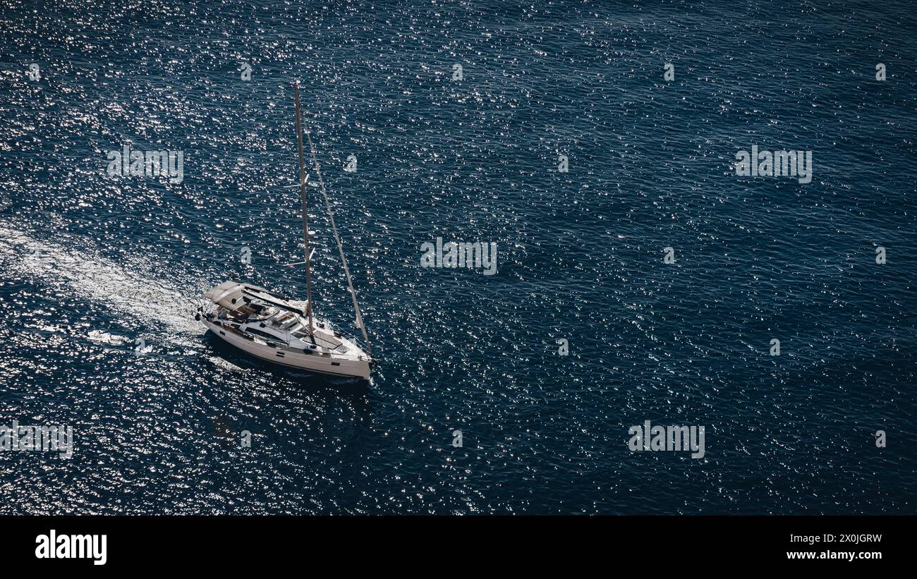 Aerial view of luxury floating ship in blue waters of Adriatic Sea ...