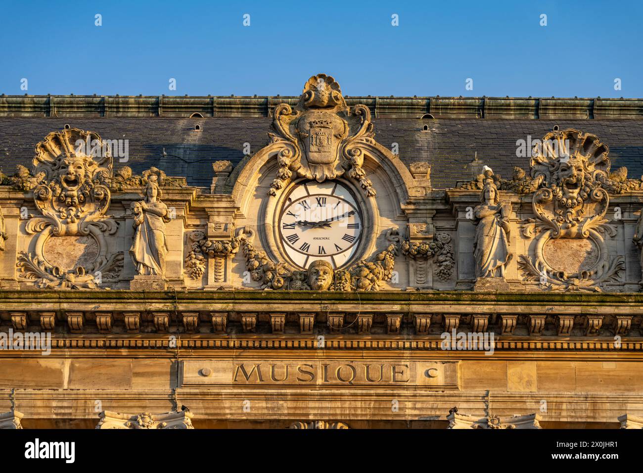 Clock and details of the theater of Calais, France Stock Photo - Alamy