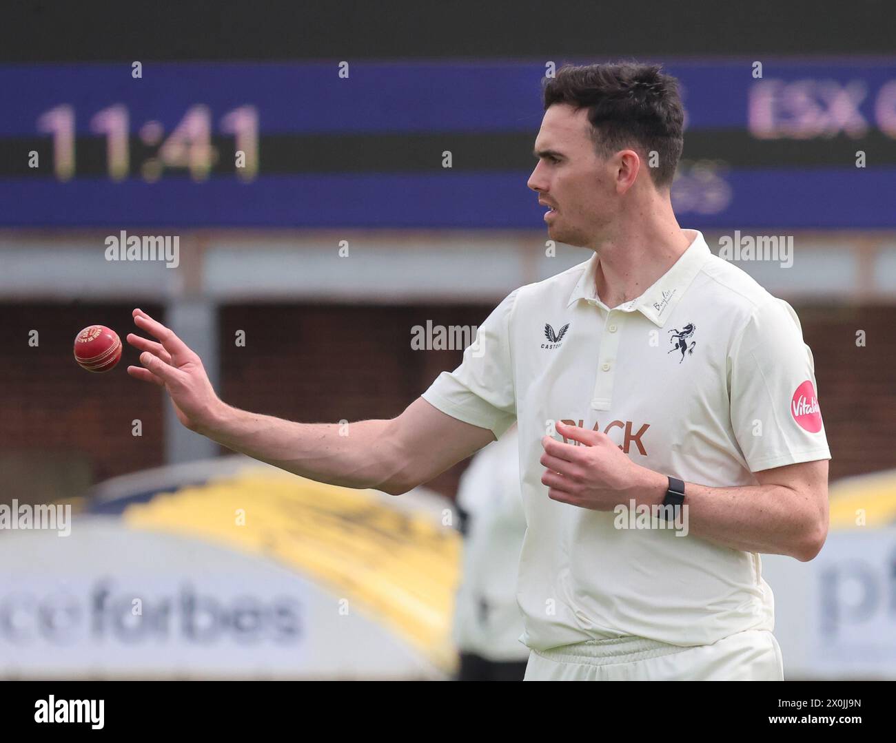Chelmsford, UK. 12th Apr, 2024. Nathan Gilchrist of Kent CCC in action ...