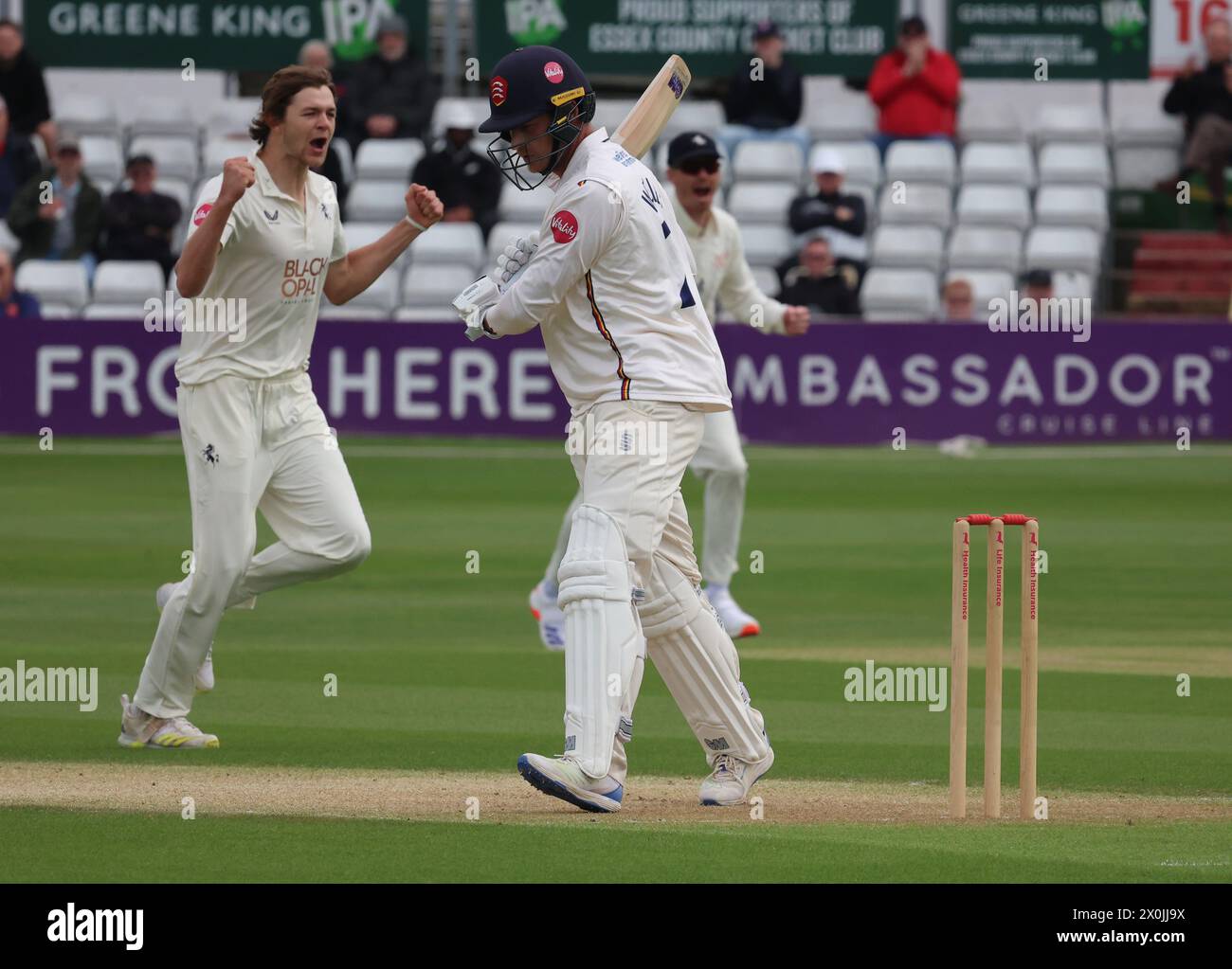 Chelmsford, UK. 12th Apr, 2024. George Garrett of Kent CCCcelebrates ...