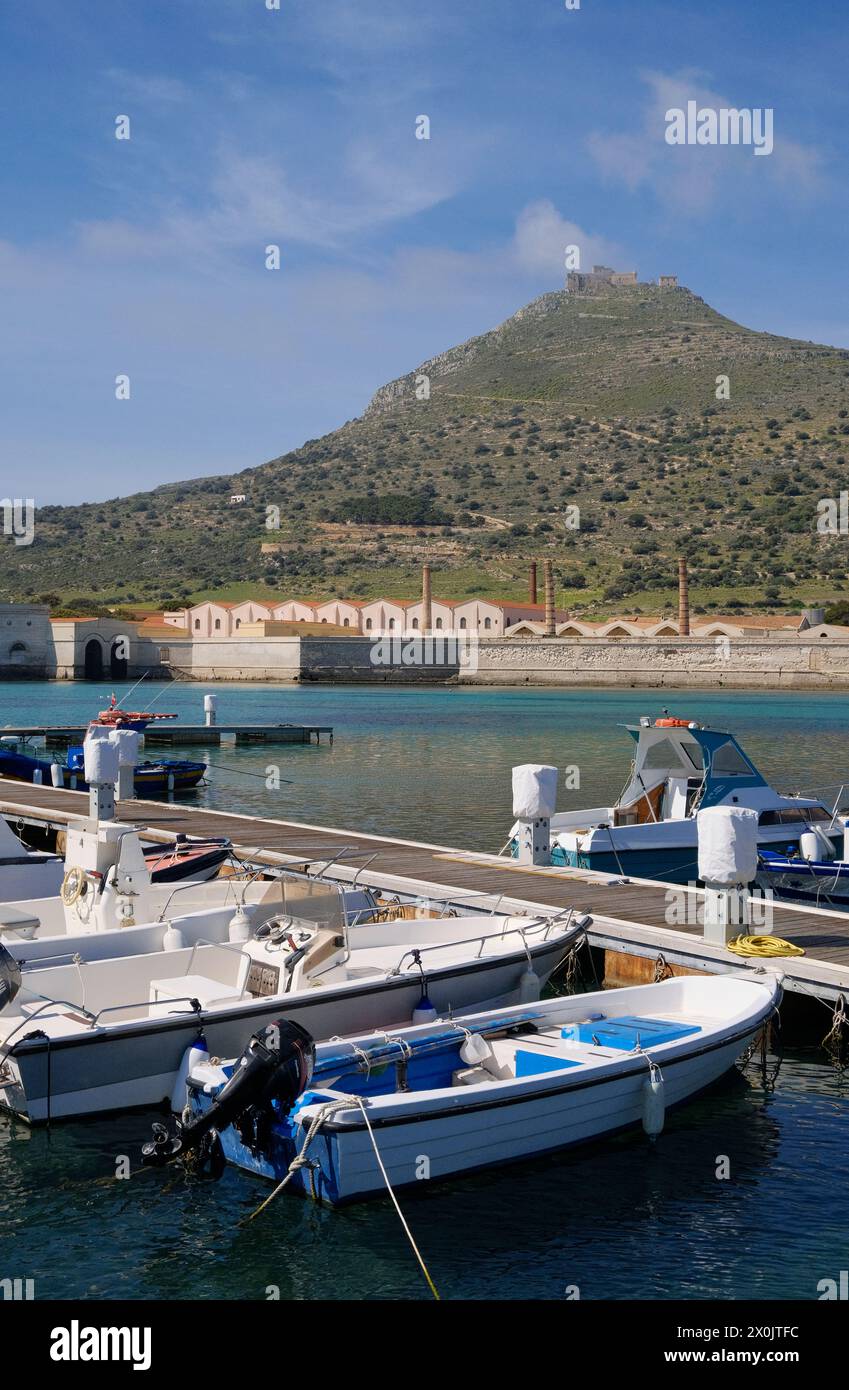 Italy sicily, mediterranean sea, Egadi archipelago, Favignana island; 21 March 2024, boats in ...