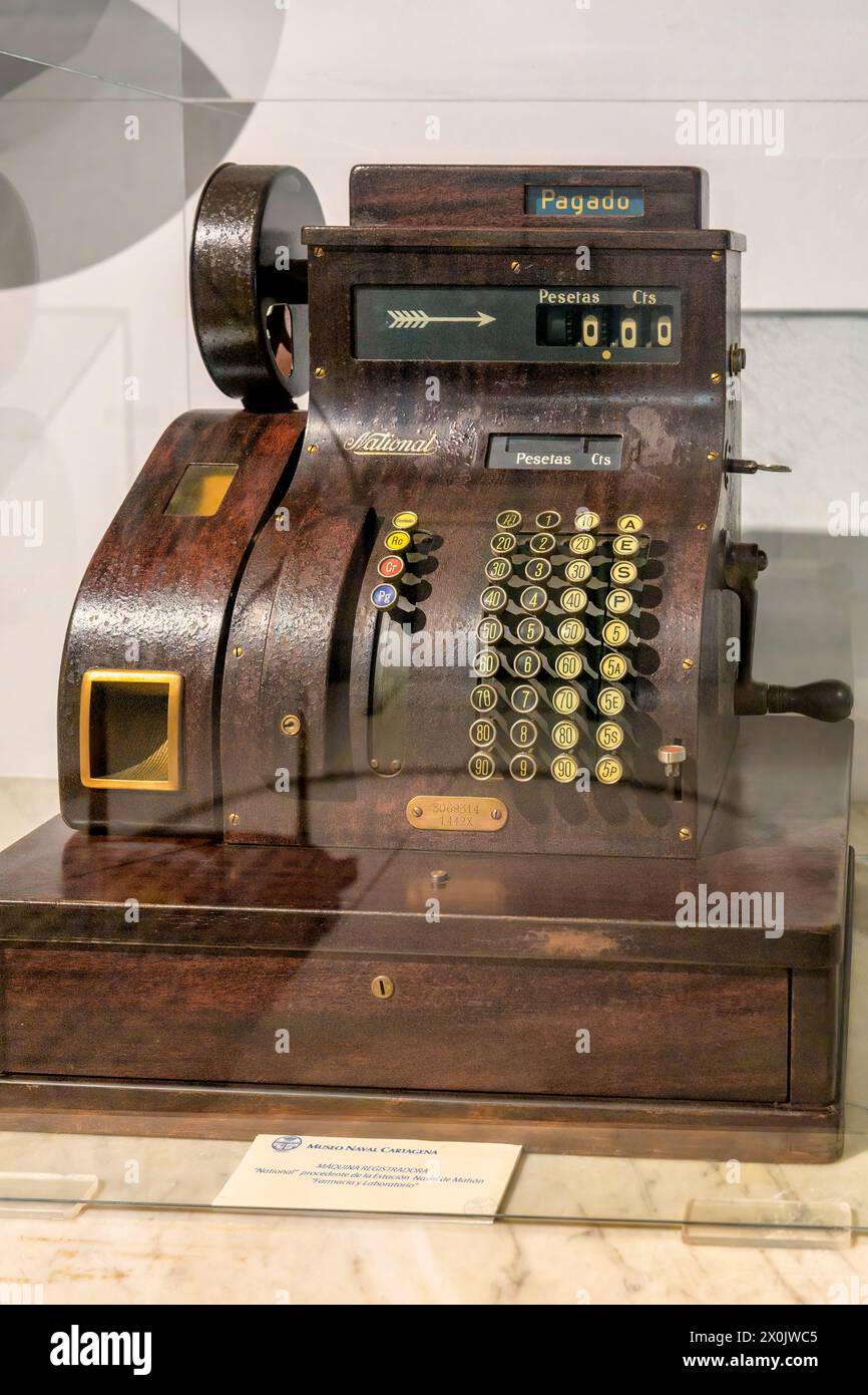 closeup of an old cash register in the exhibition of the naval museum ...