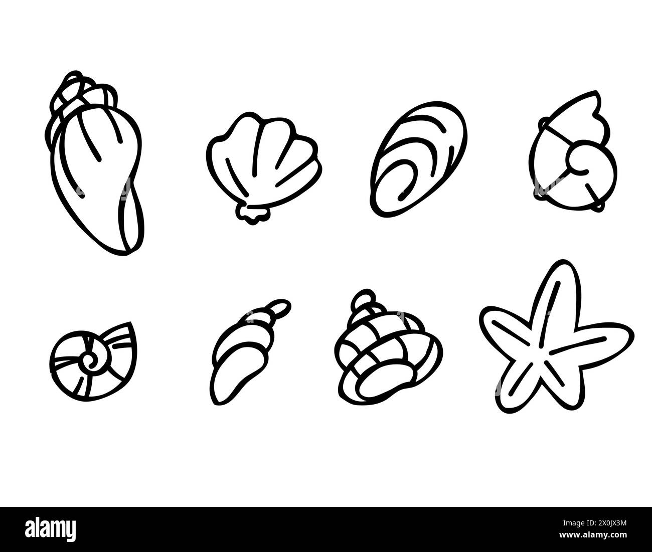 Set of seashells in doodle style, black outline sketch isolated ...