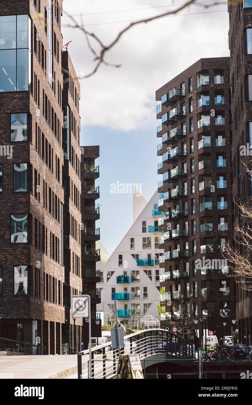 Aarhus, Denmark, New harbor area with modern architecture and art Stock ...