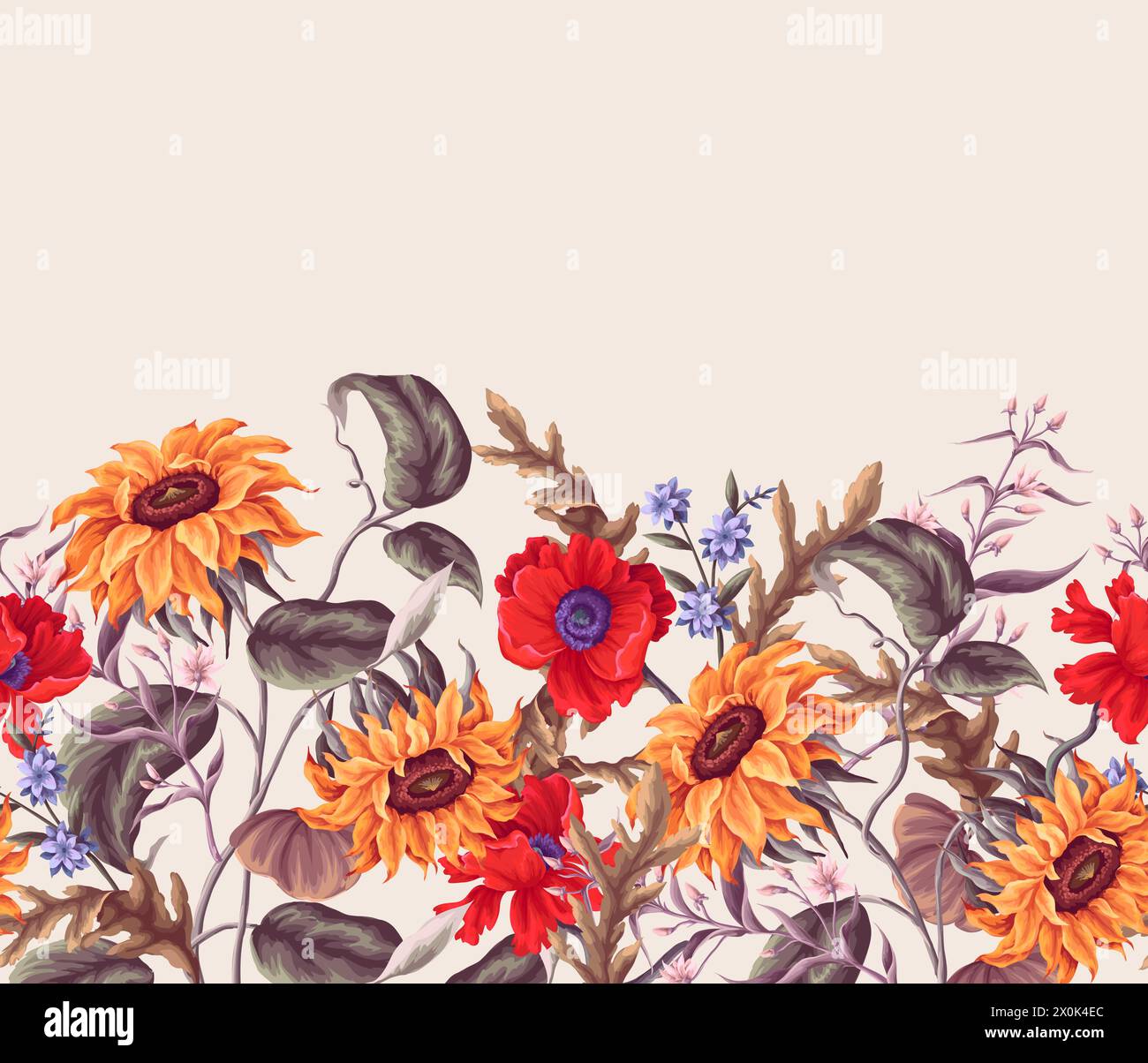 Border with sunflowers, poppies and other wild flowers. Vector Stock ...