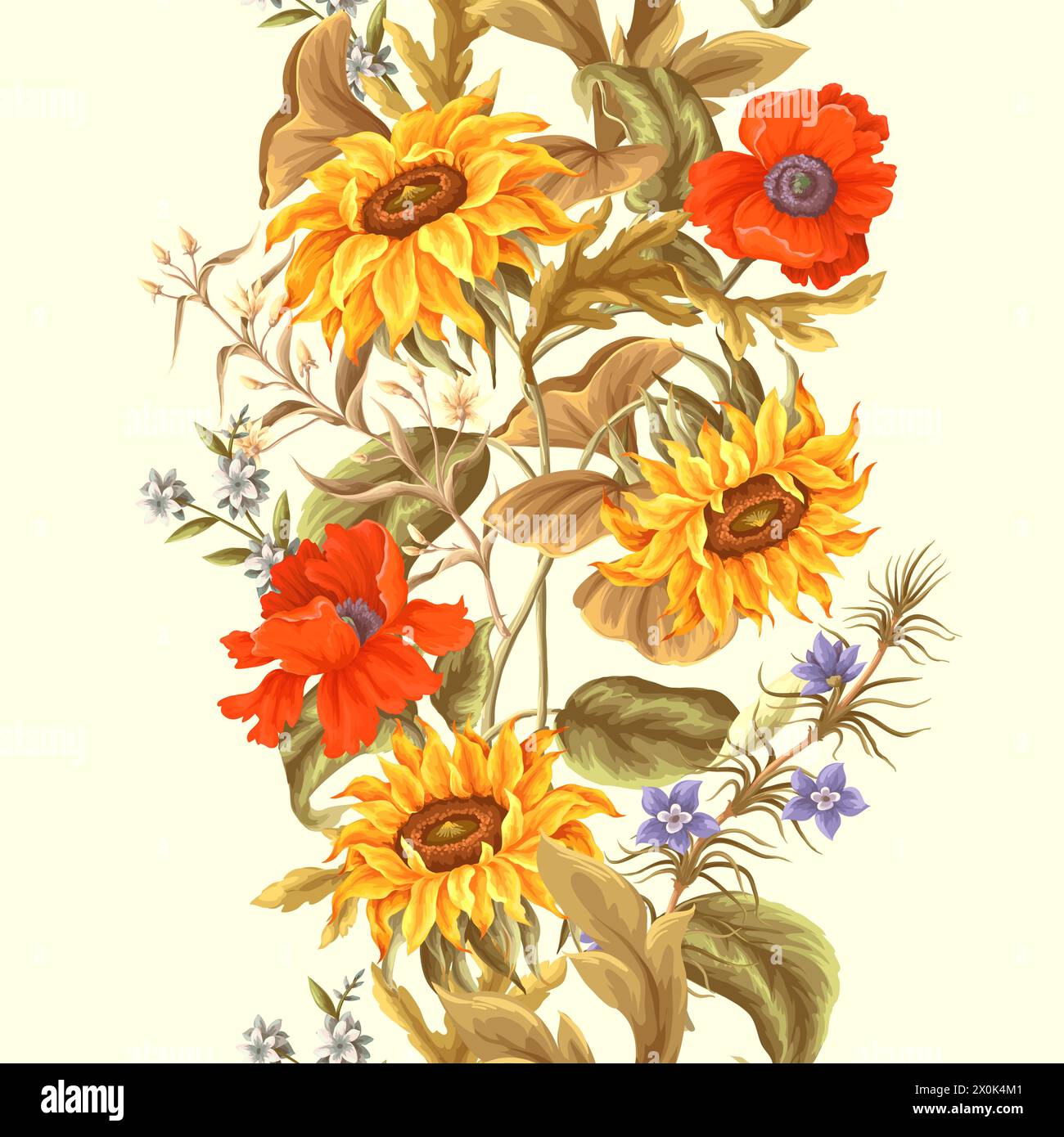 Border with sunflowers, poppies and other wild flowers. Vector Stock ...