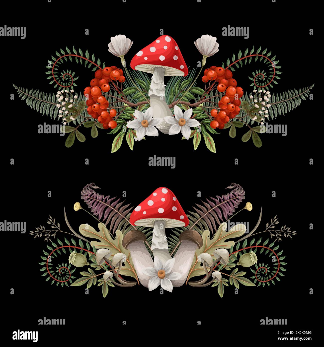 Mushrooms, fern and berries isolated. Vector Stock Vector Image & Art ...