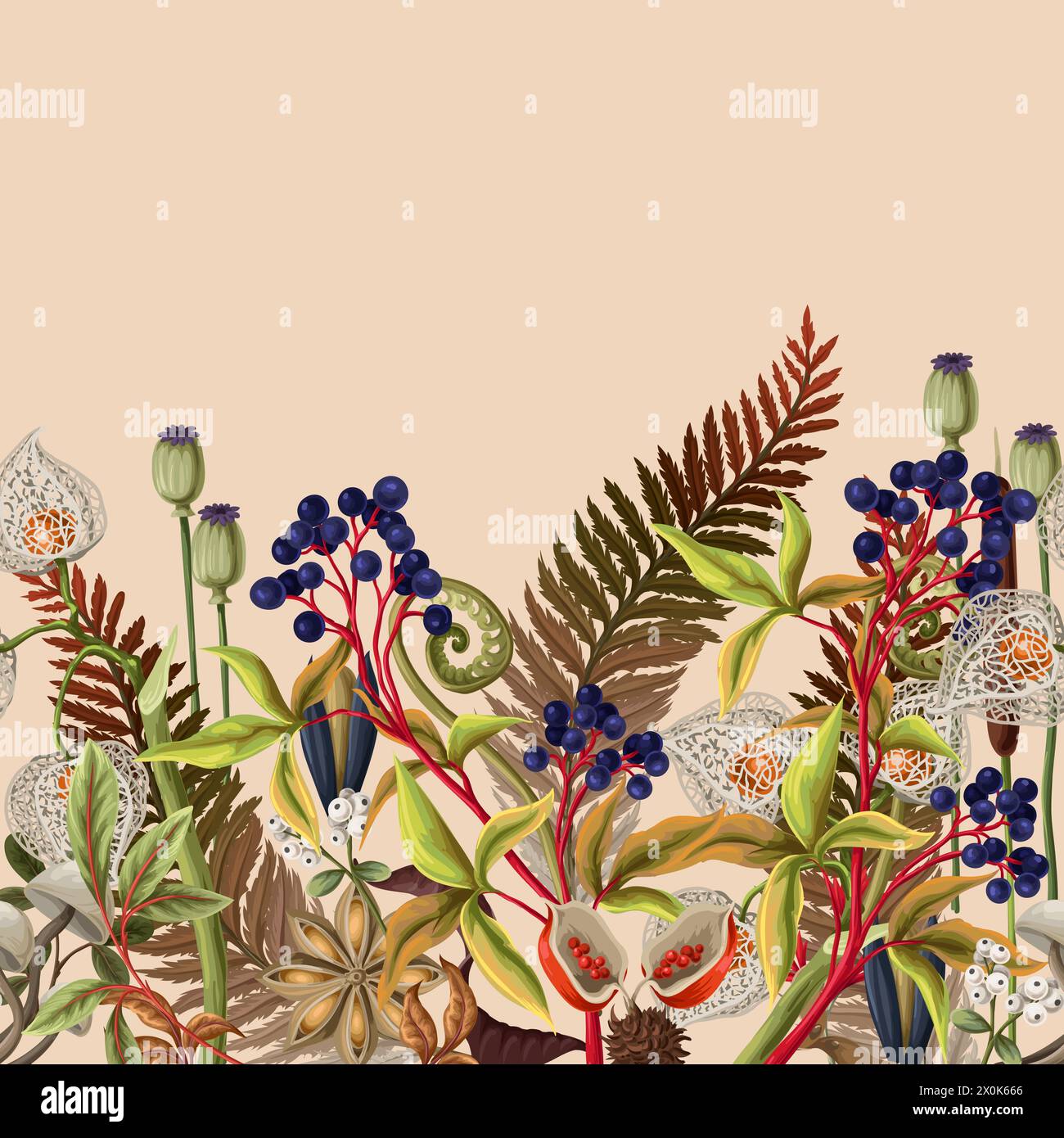 Border with autumn leaves, berries and seeds. Vector Stock Vector Image ...