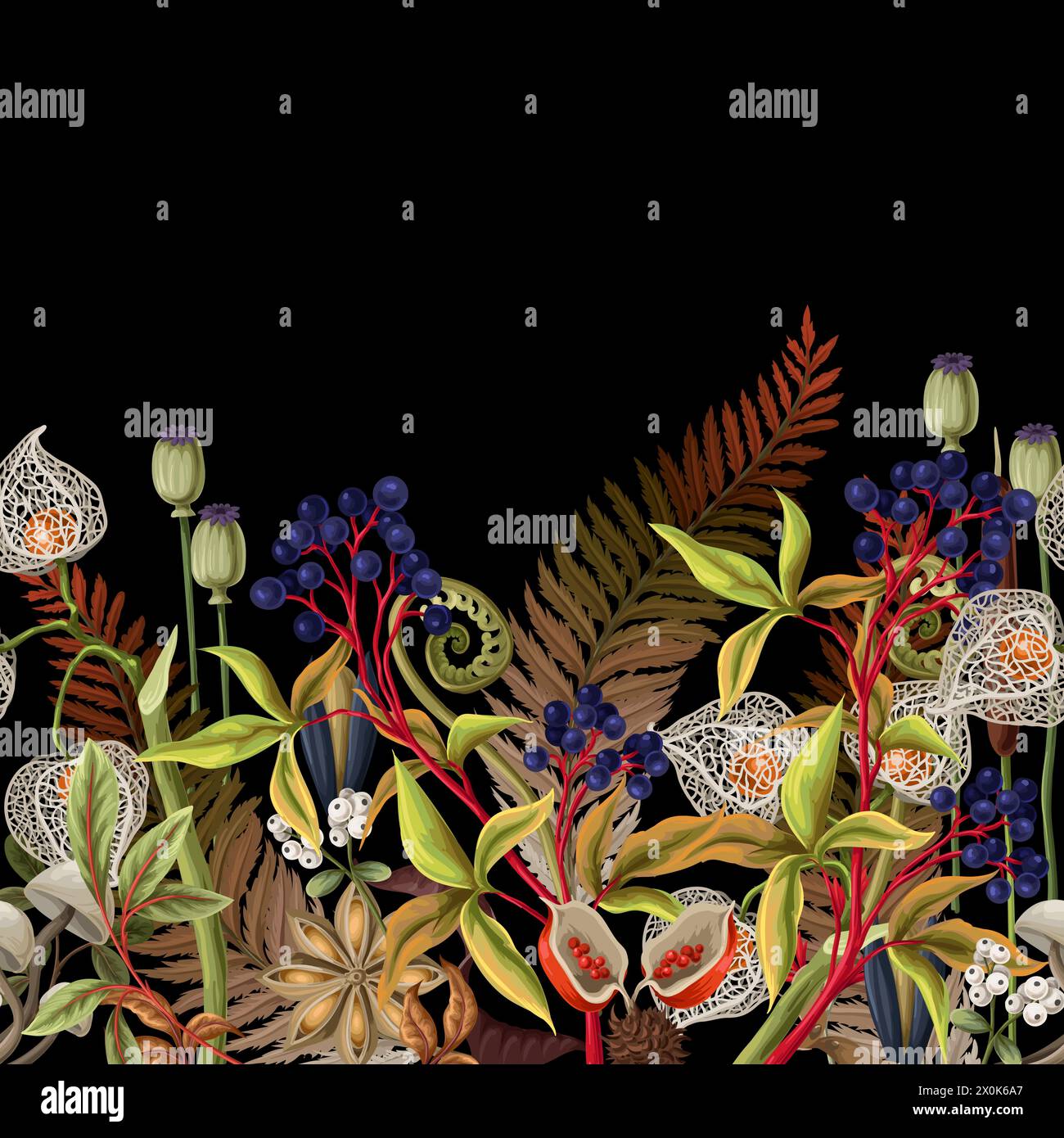 Border with autumn leaves, berries and seeds. Vector Stock Vector Image ...