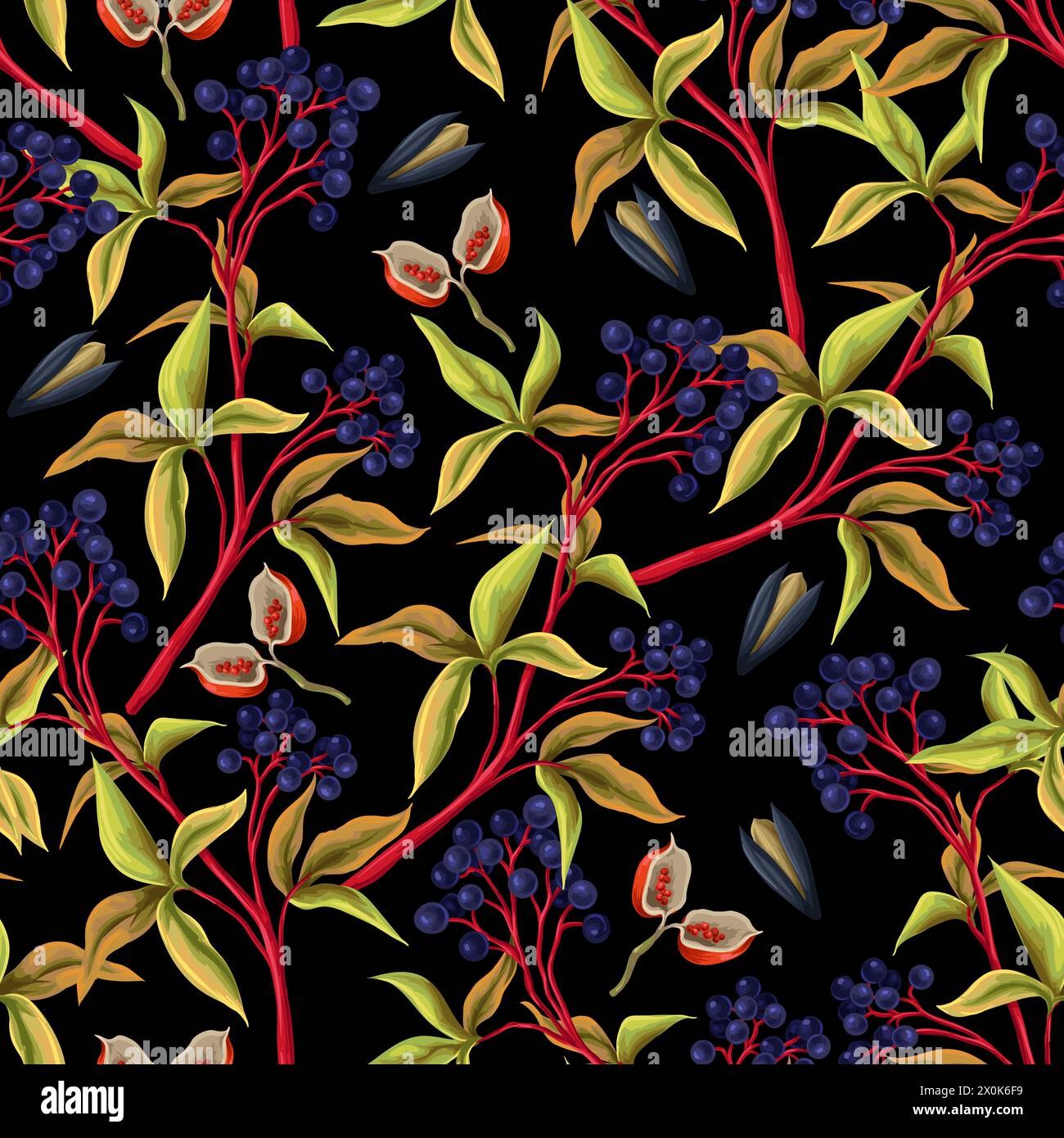 Seamless pattern with autumn leaves, berries and seeds. Vector Stock ...